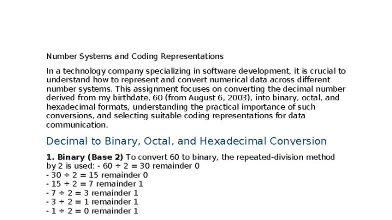 Unit2 Number Systems Assignment: Conversions & Coding Representations ...