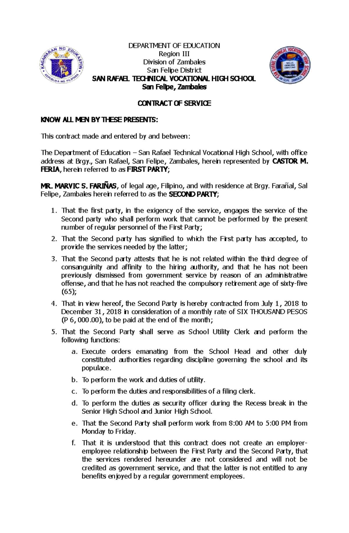 Contract of Service Template for Teachers and Students - Studocu