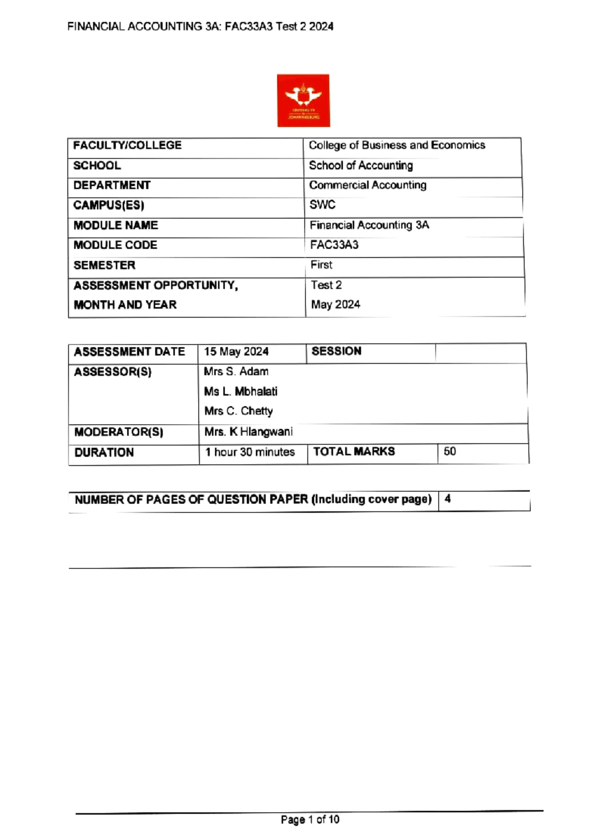 FAC33A3 Financial Accounting 3A Test 2 2024 - Practice Questions - Studocu