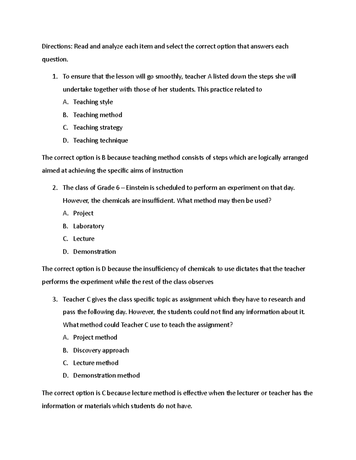 Practice Exam 1 2015: Questions & Answers for Teaching Methods - Studocu