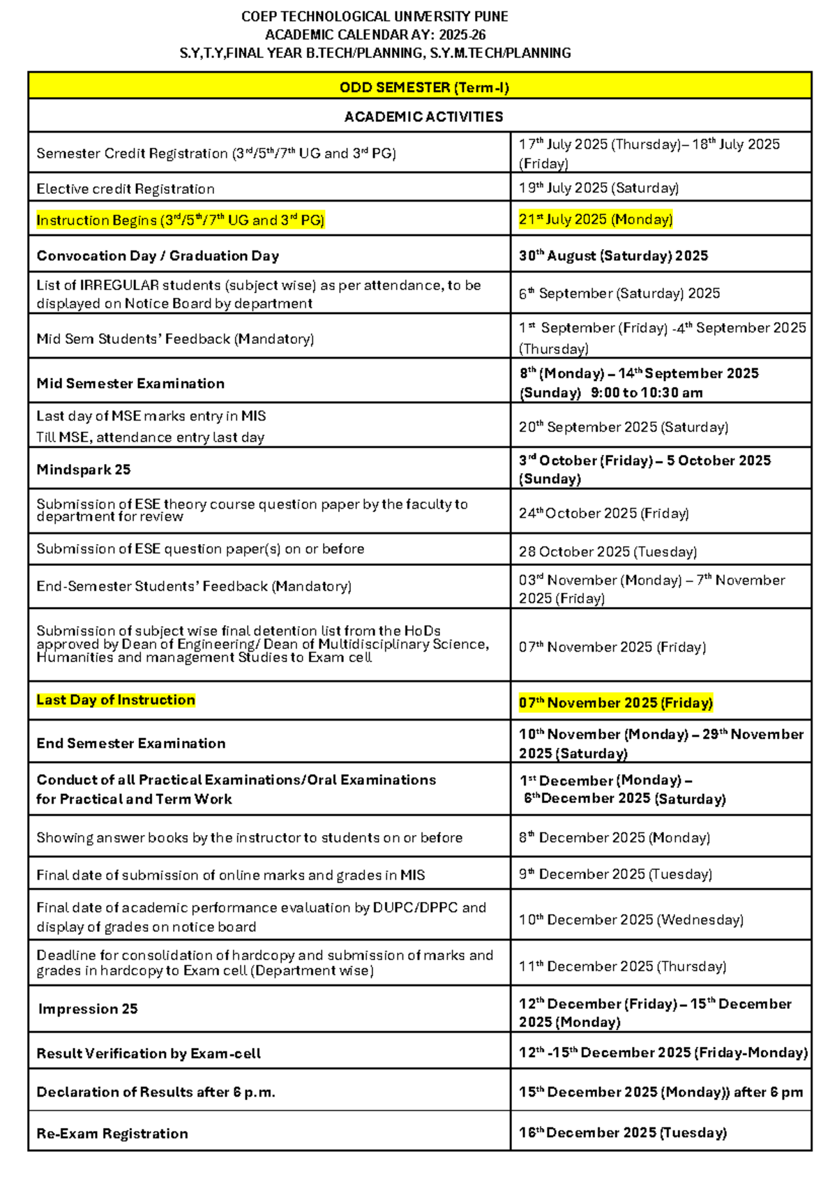 COEP B.TECH Academic Calendar AY 2025-26: S.Y., T.Y., Final Year - Studocu