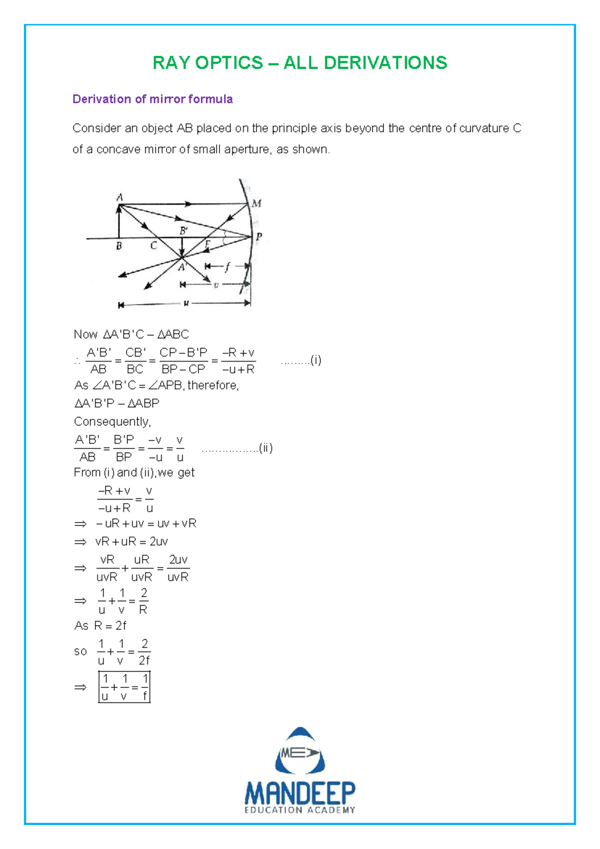 Ray Optics Derivations: Mirror & Lens Formulas (PHYS 101) - Studocu