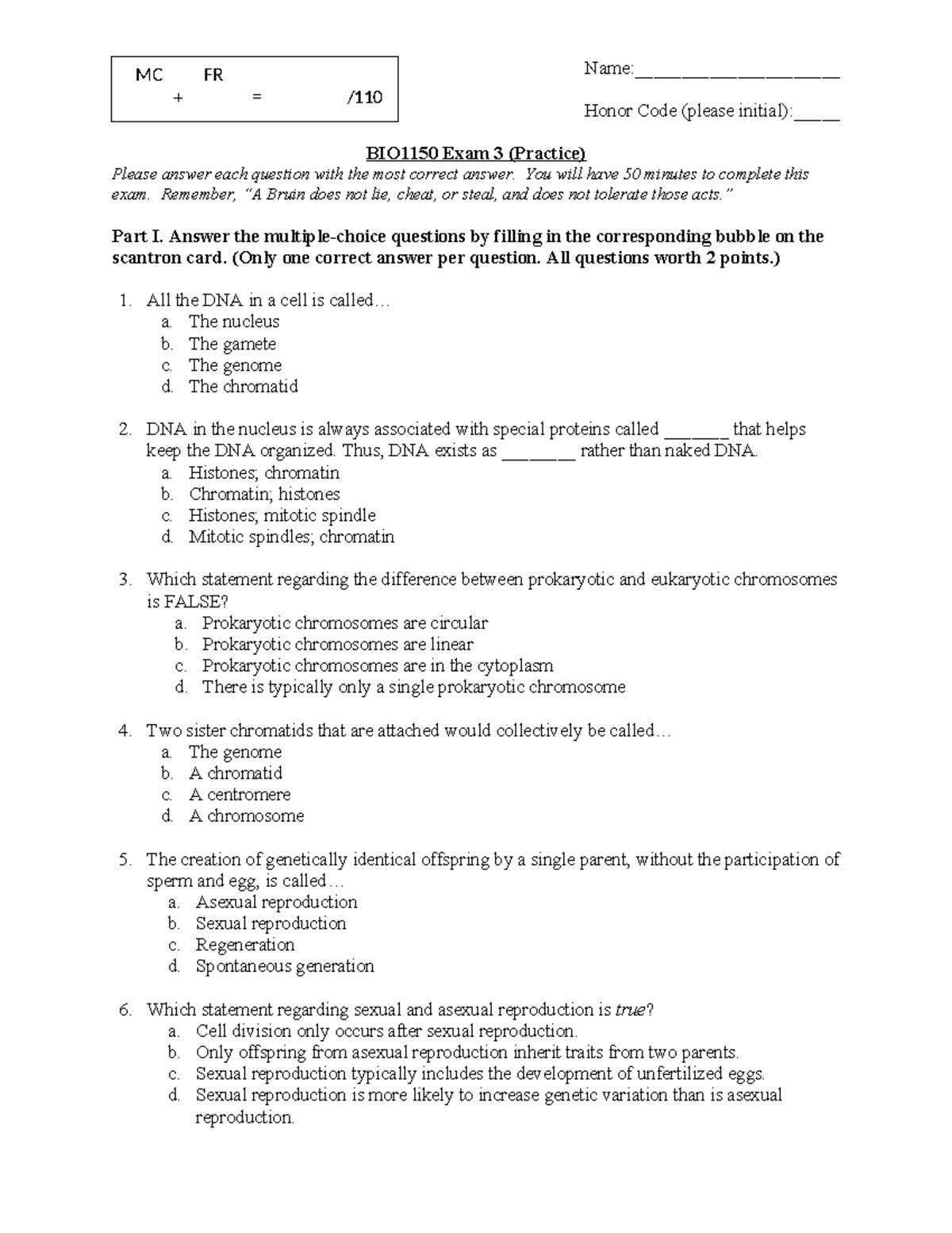 BIO1150 Exam 3 (Practice) - Concepts of Cell Division & Genetics - Studocu