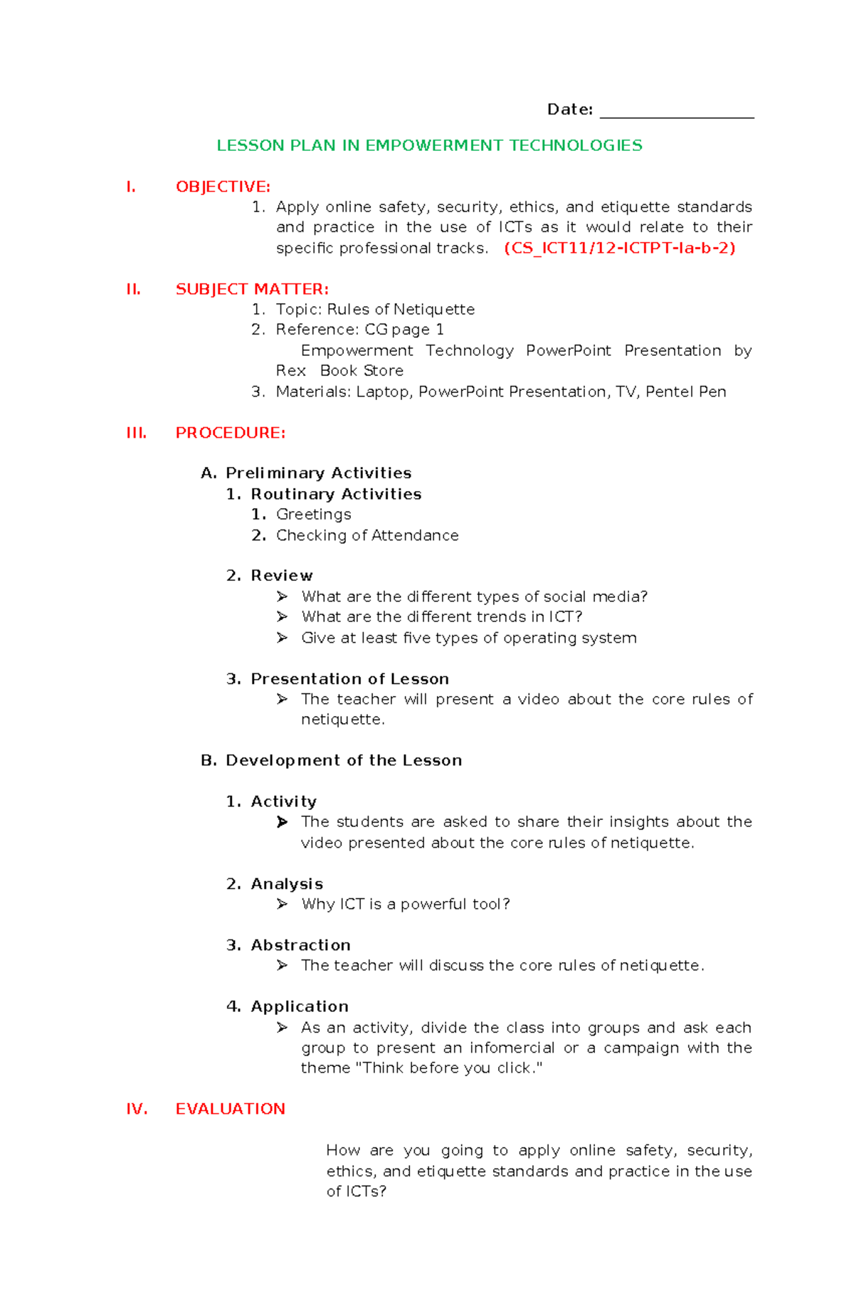 CS ICT1112 - Lesson Plan: Netiquette and Online Safety Standards - Studocu