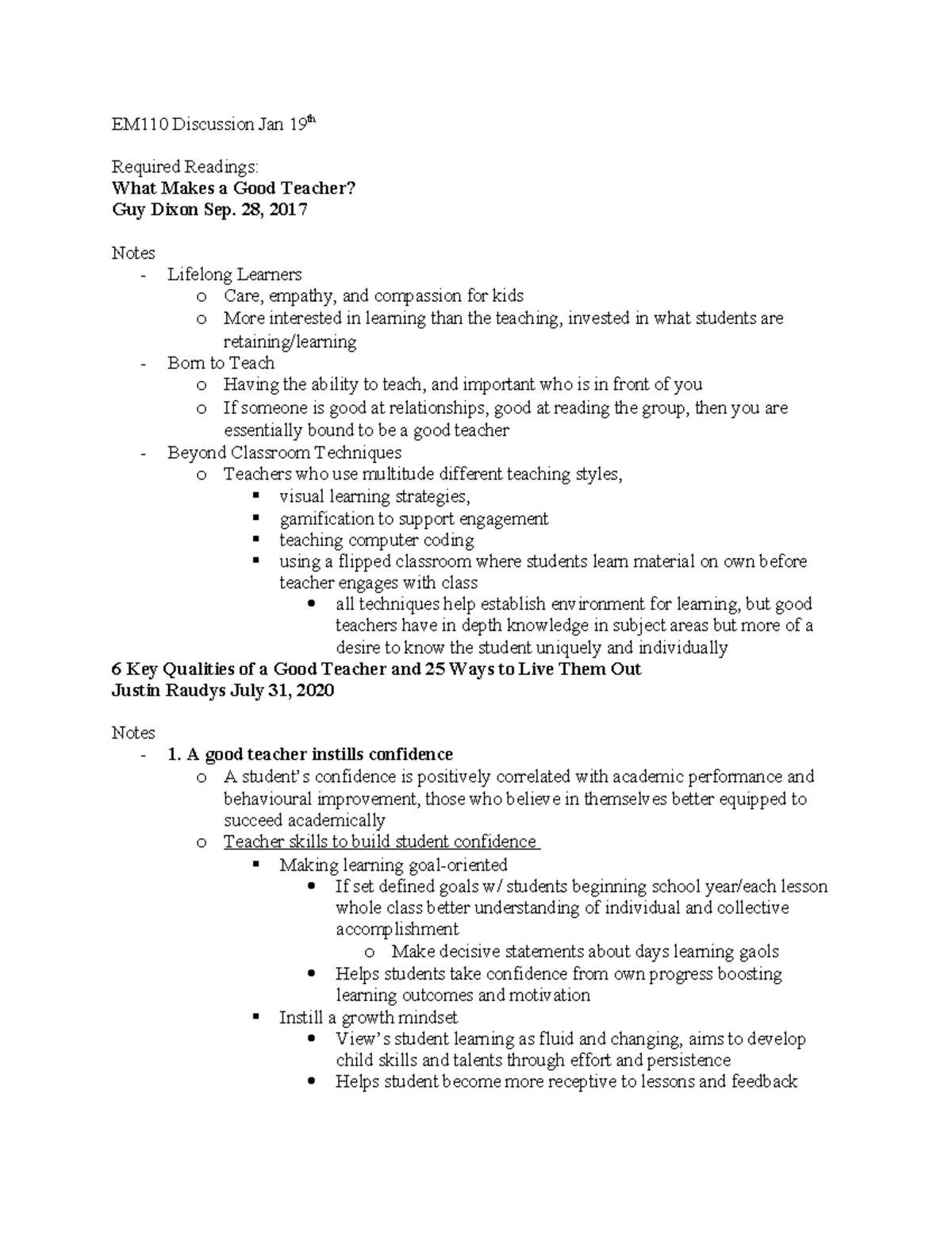 EM110 Discussion Notes on Effective Teaching Strategies (Jan 19) - Studocu