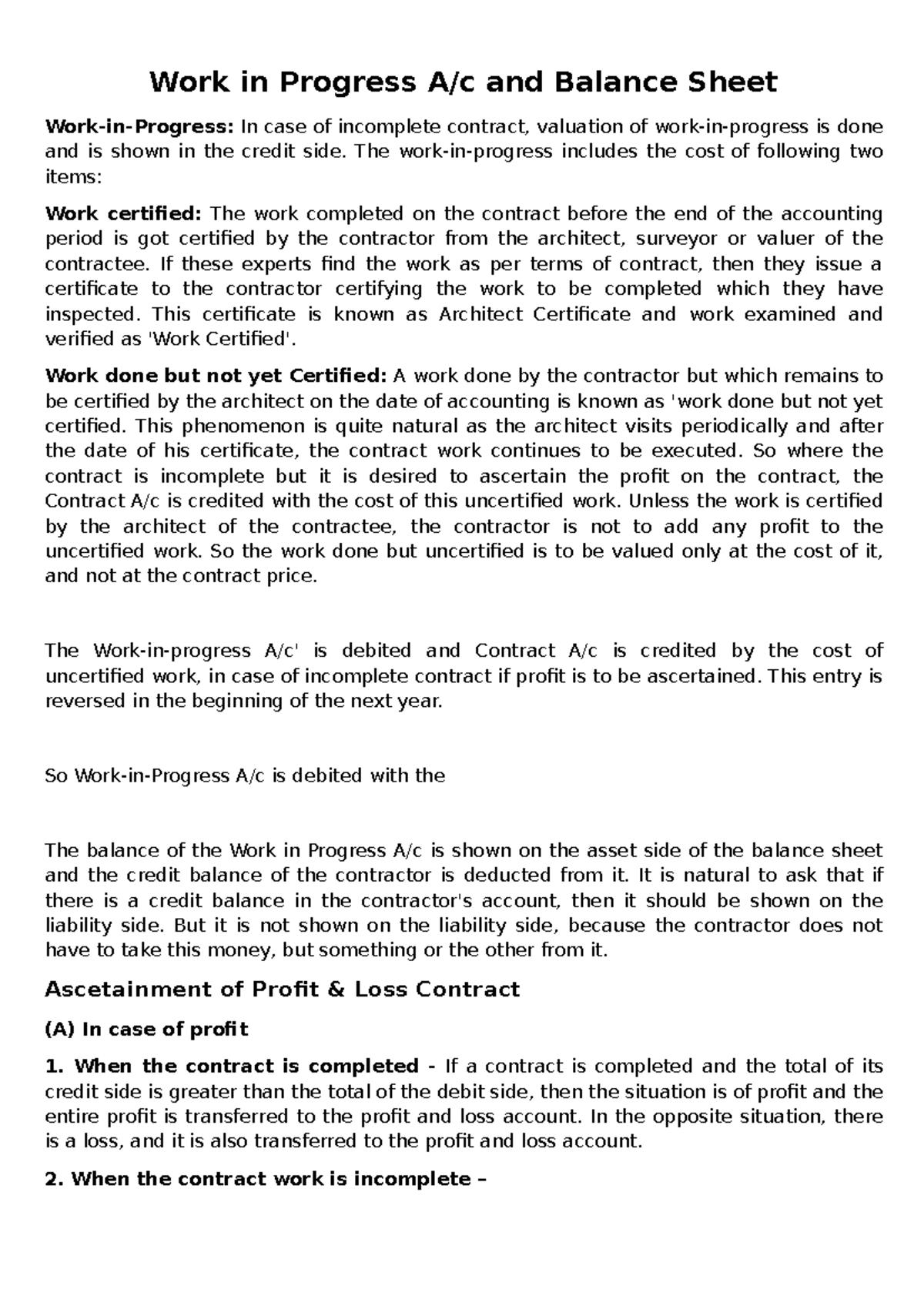 Contract Account - Work in Progress A/c and Balance Sheet Work-in ...