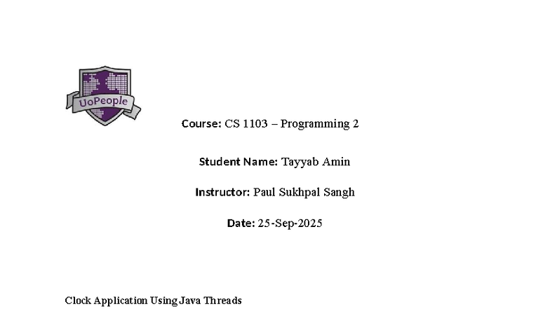 CS 1103 Programming Assignment: Java Clock App with Threads - Studocu