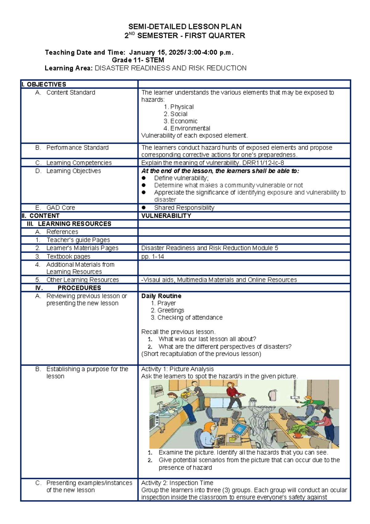 COT for DRRR Grade 11 Semi-Detailed Lesson Plan on Vulnerability - Studocu