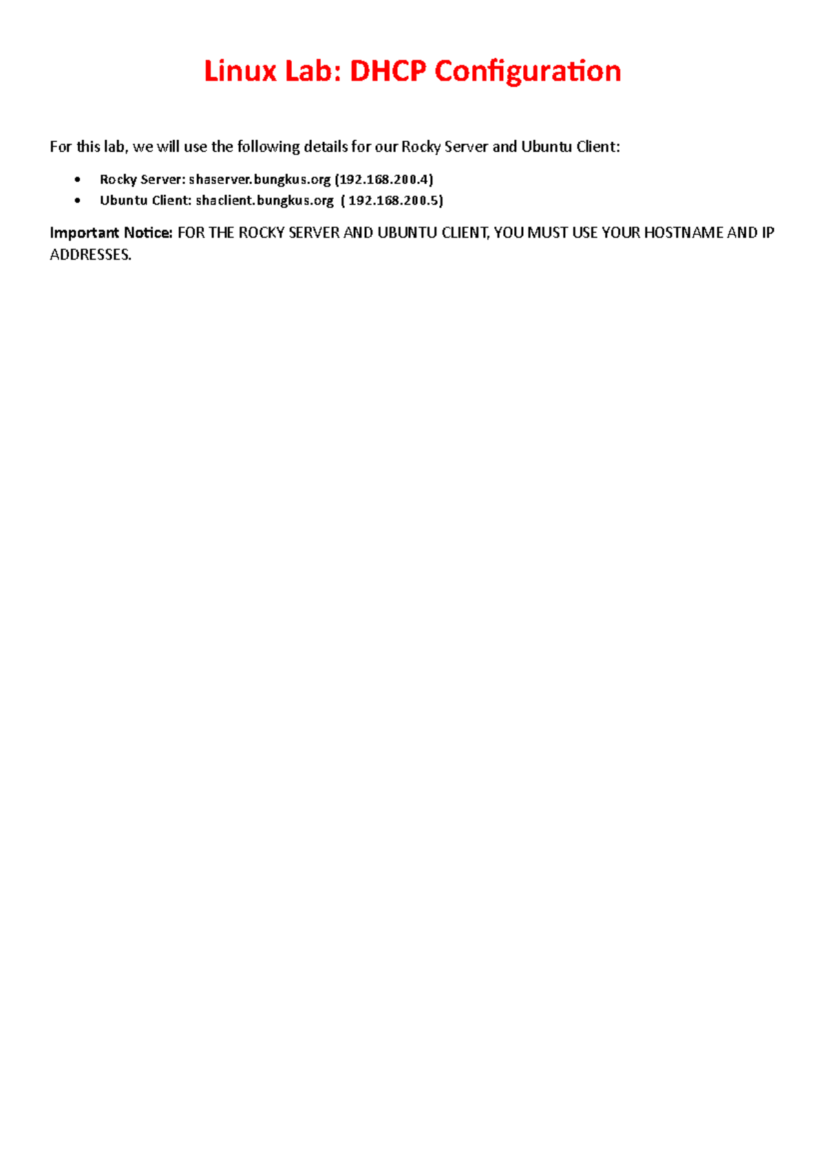 Lab 6 DHCP Configuration V3 - Linux Lab: DHCP Configuration For this ...