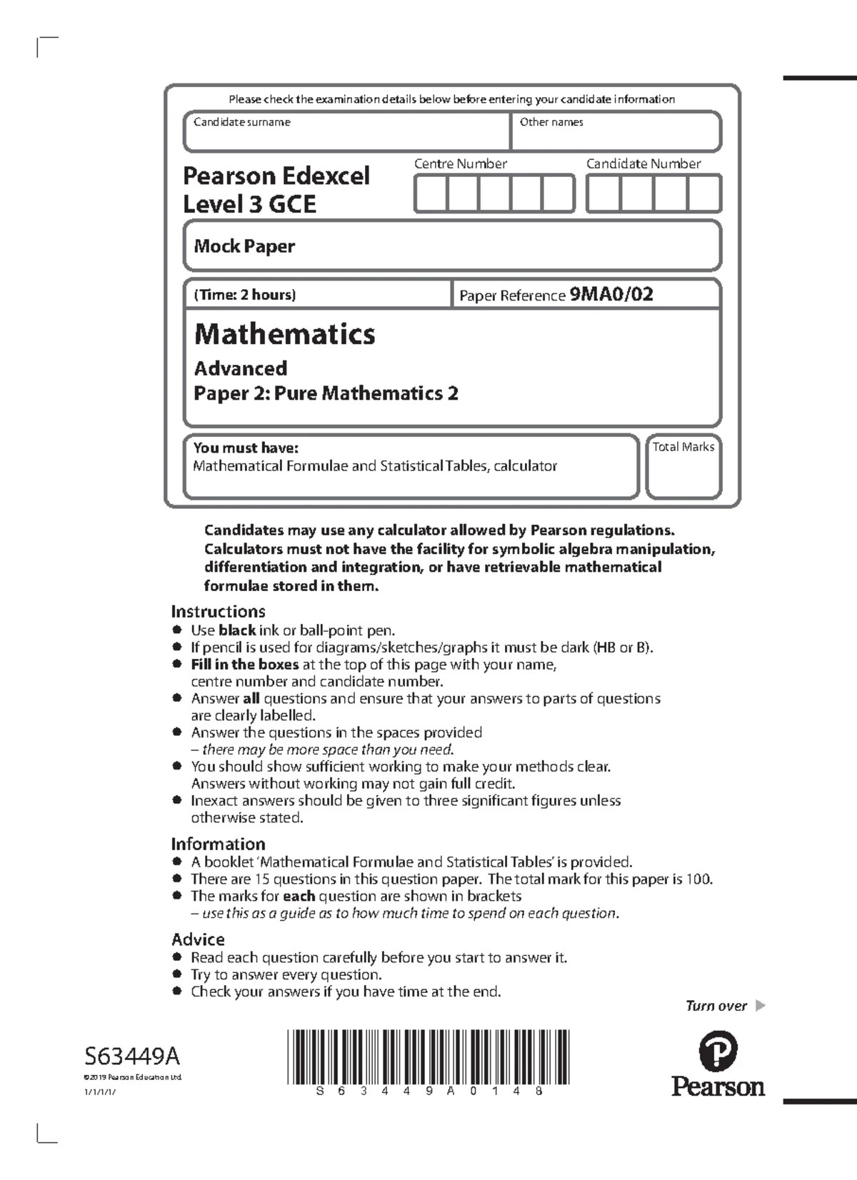 0s2 9MA0-01 Pure 1 - Mock Set 2 mark scheme (pdf) - Mark Scheme Mock ...