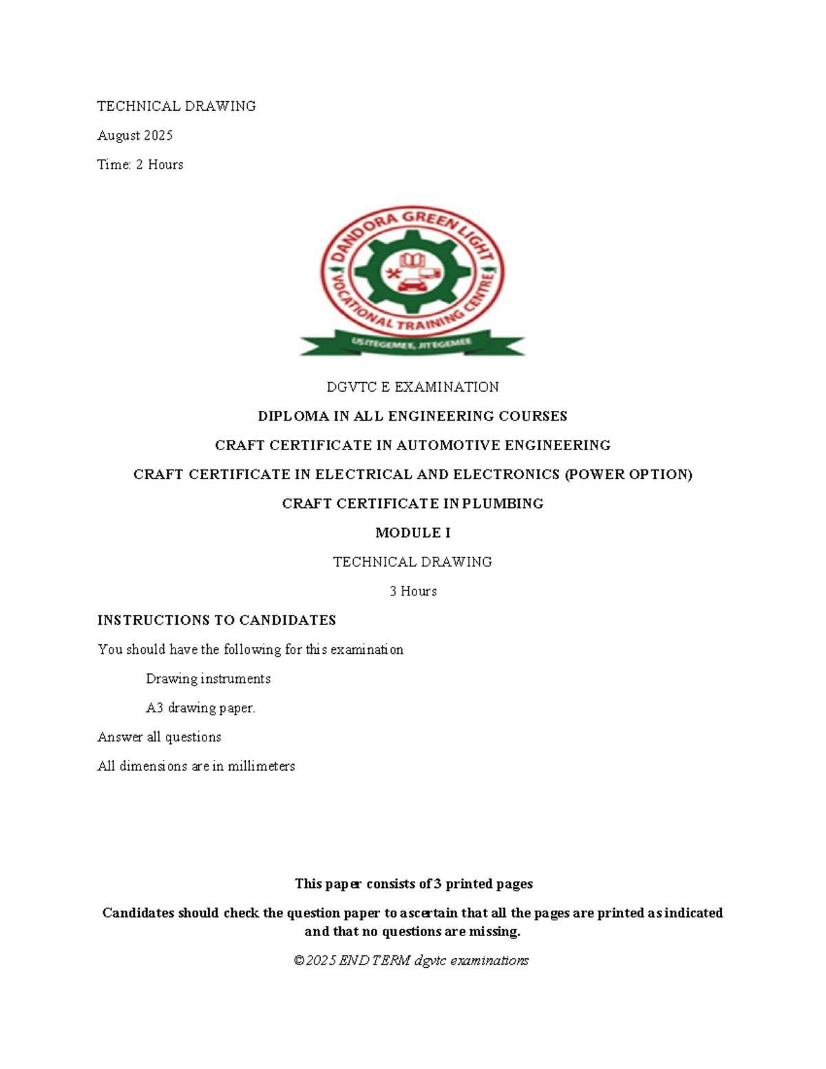 DGVTC E Technical Drawing Exam - January Intake 2025 - Studocu