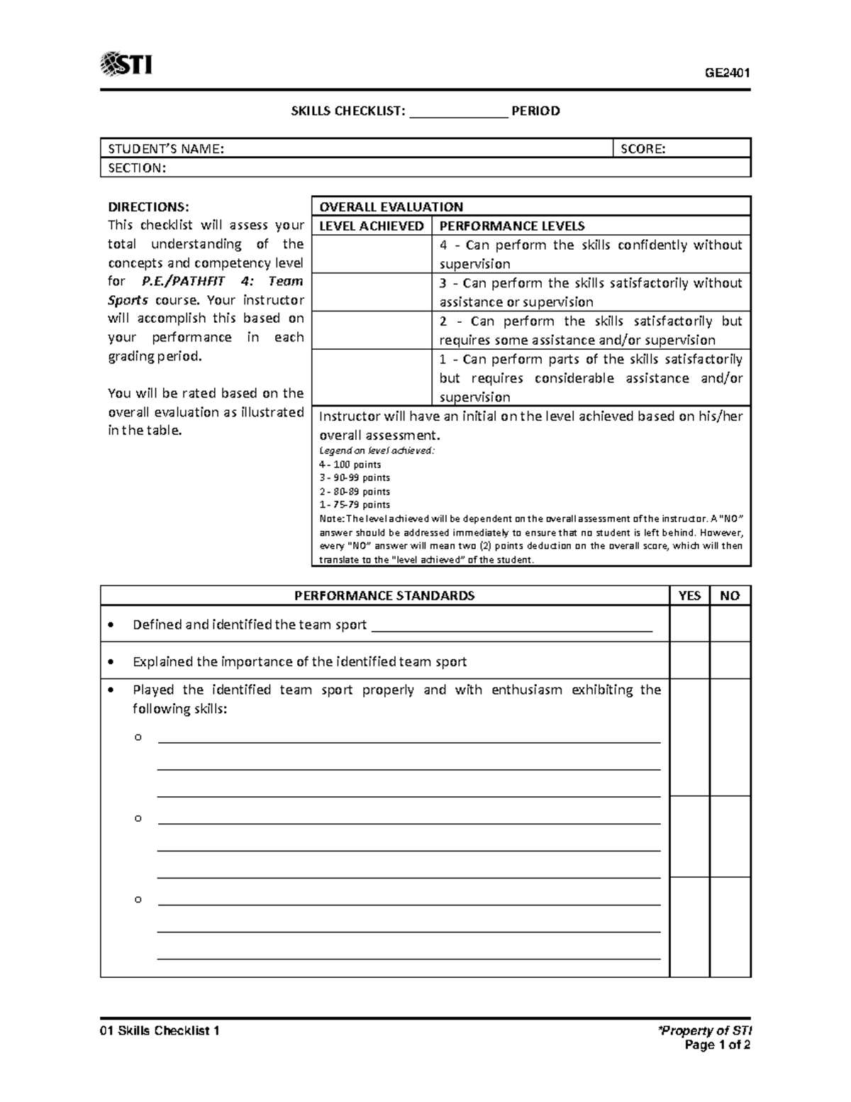 01 Skills Checklist 1 - handout - GE 2401 01 Skills Checklist 1 ...