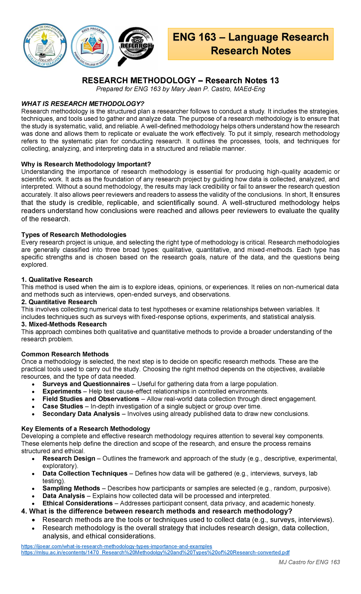 ENG 163 Research Methodology: Key Concepts and Notes - Studocu