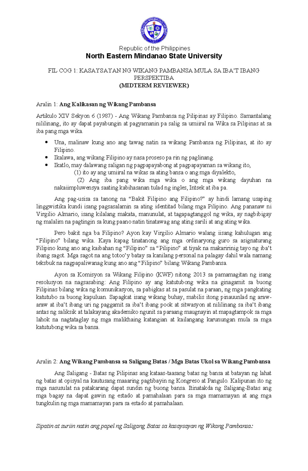 KRP Reviewer - North Eastern Mindanao State University FIL COG 1: KASAYSAYAN NG WIKANG PAMBANSA ...
