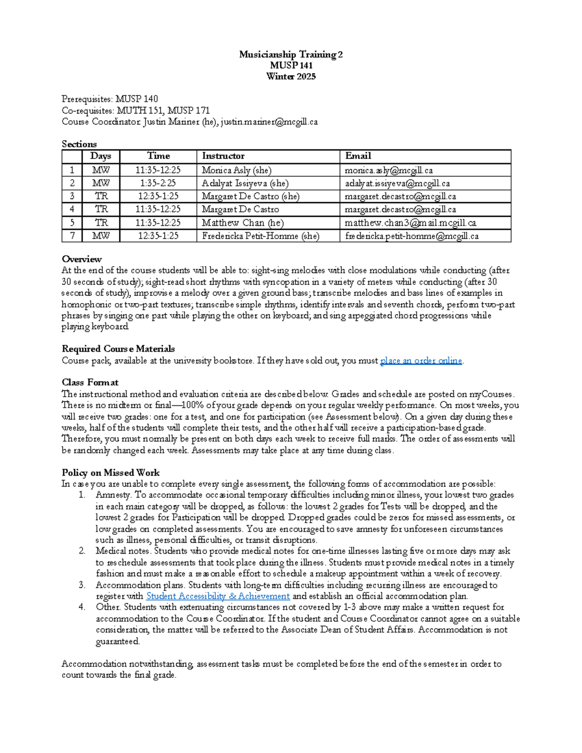 MUSP 141 Course Outline: Musicianship Training 2 Winter 2025 - Studocu