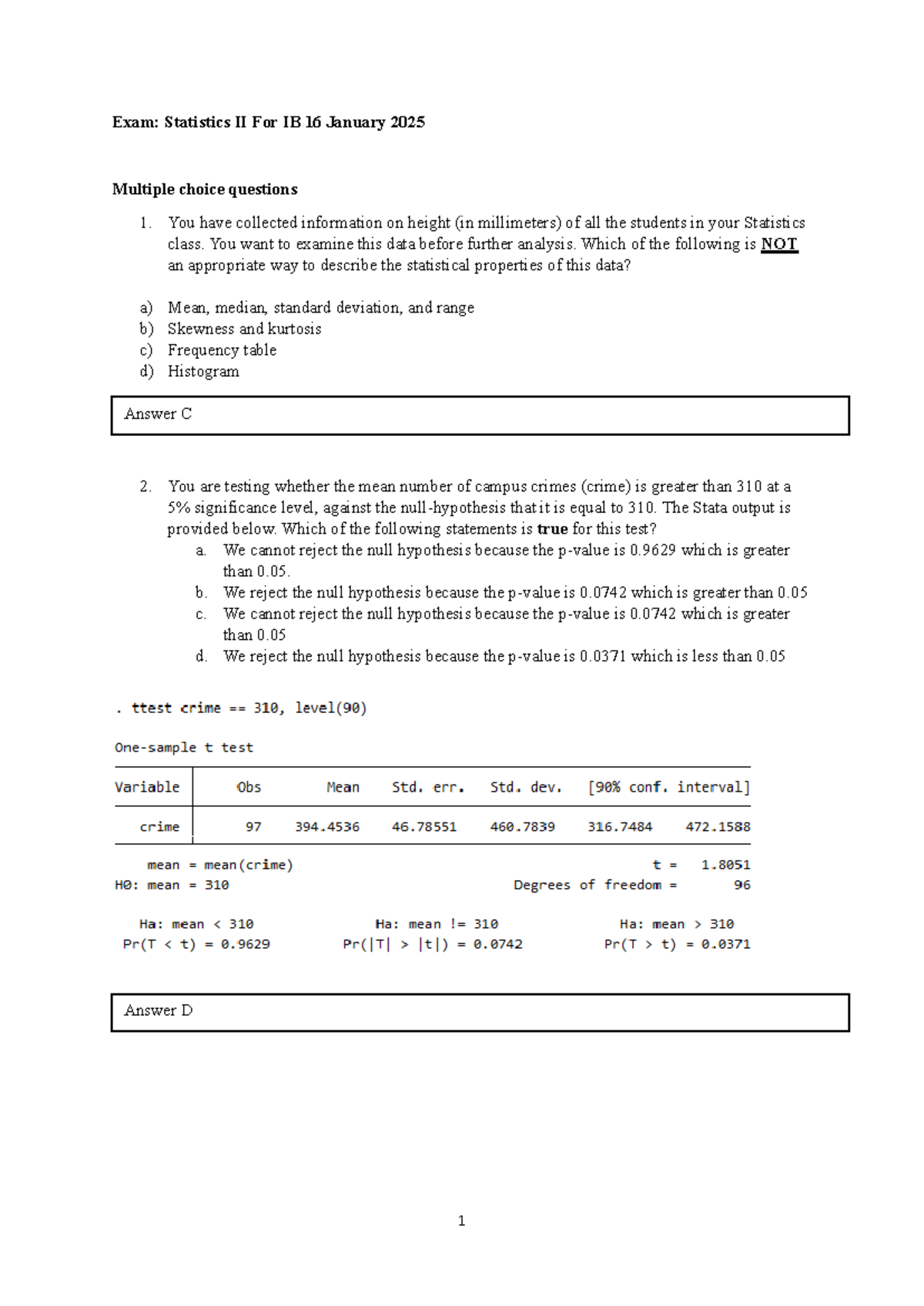 Statistics II Exam (IB) - Multiple Choice Questions & Answers - Studeersnel