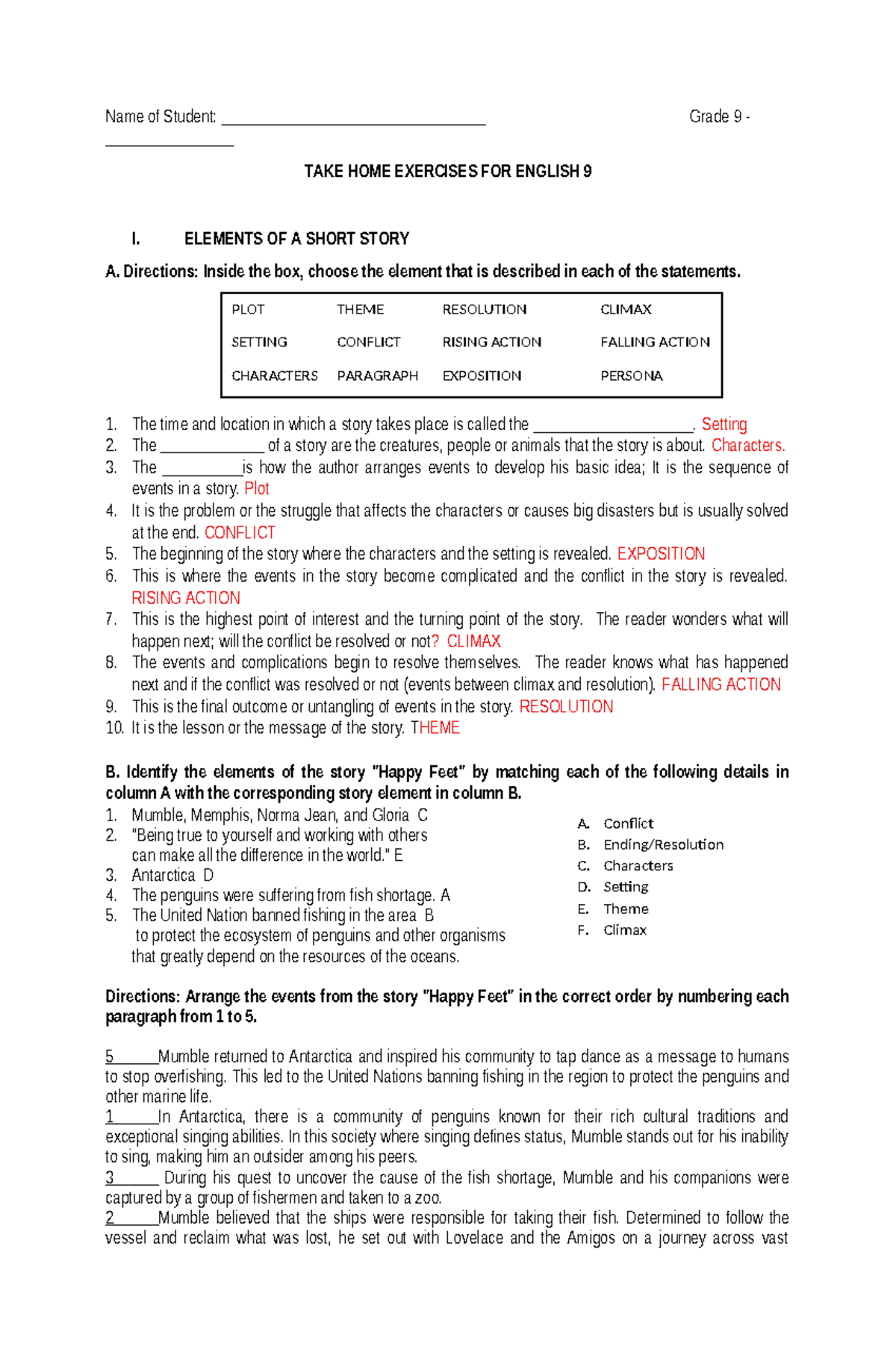 Grade 9 English 9 Take Home Exercises: Elements of a Short Story - Studocu