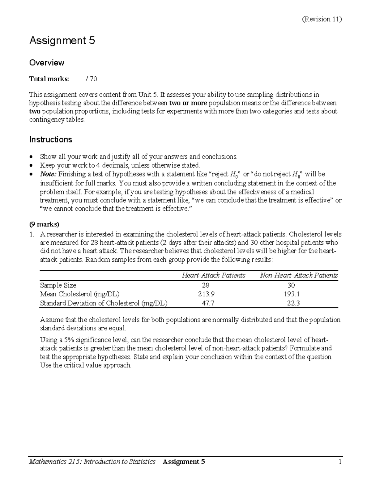Mathematics 215: Assignment 5 Overview and Hypothesis Testing Guide ...