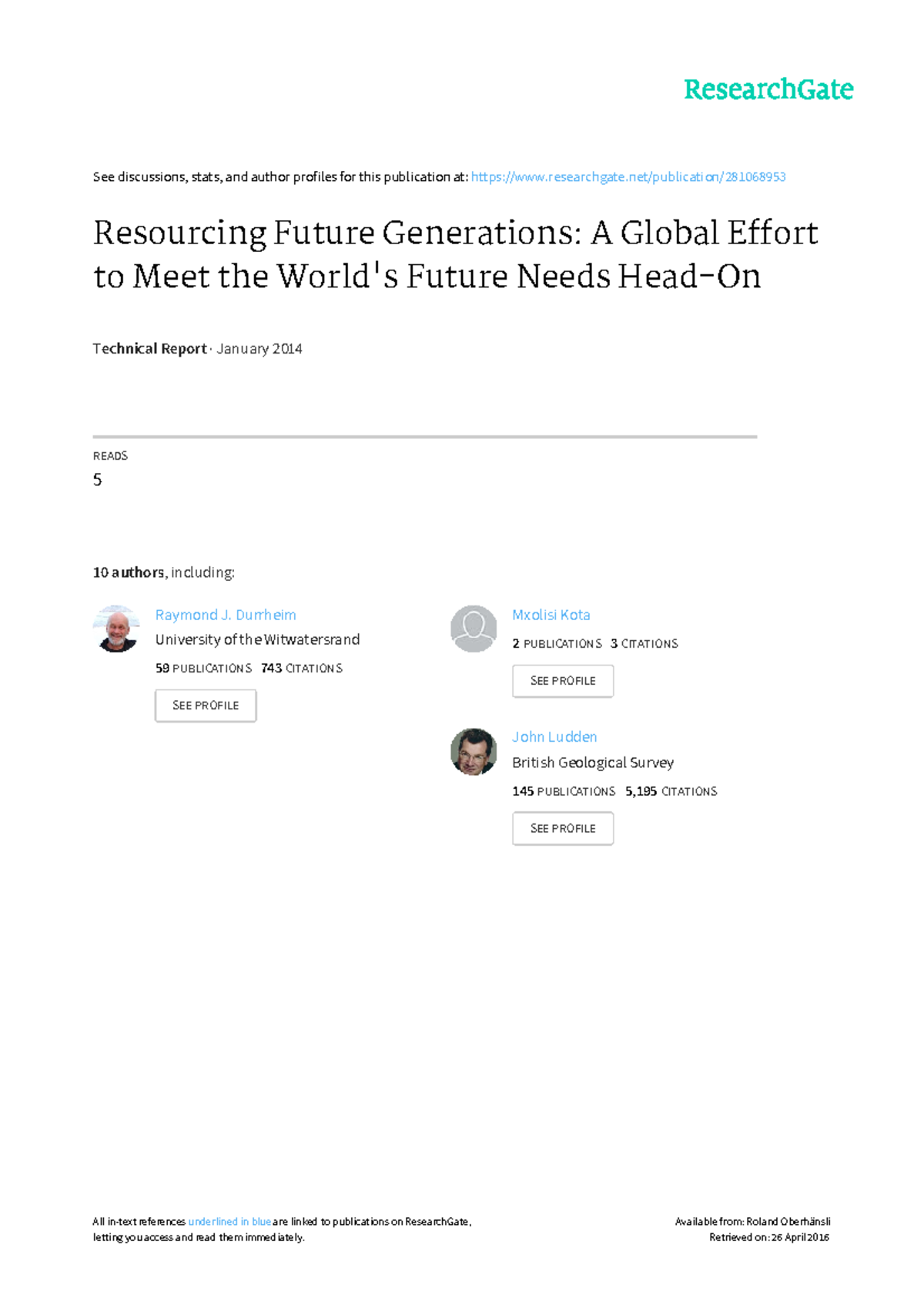 Resourcing Future Generations – A Global Effort to Meet the World’s ...