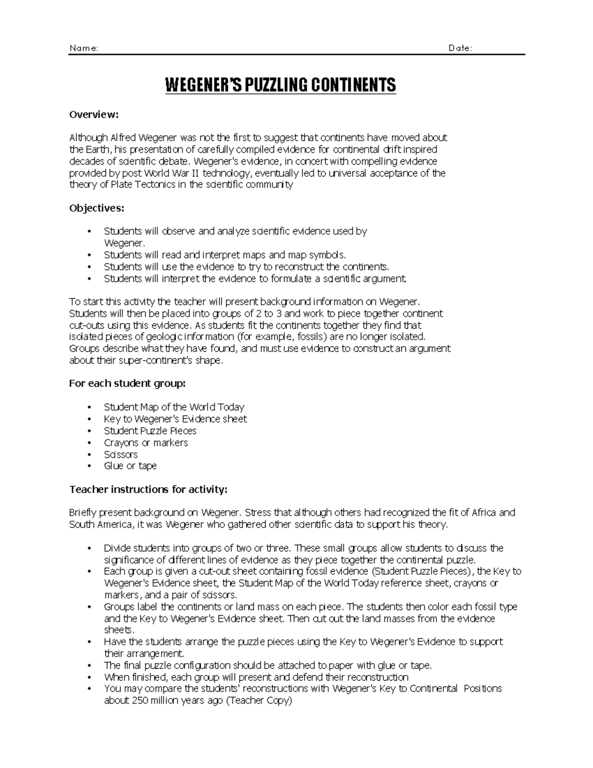 PUZZLING CONTINENTS: Analyzing Wegener's Evidence for Continental Drift ...