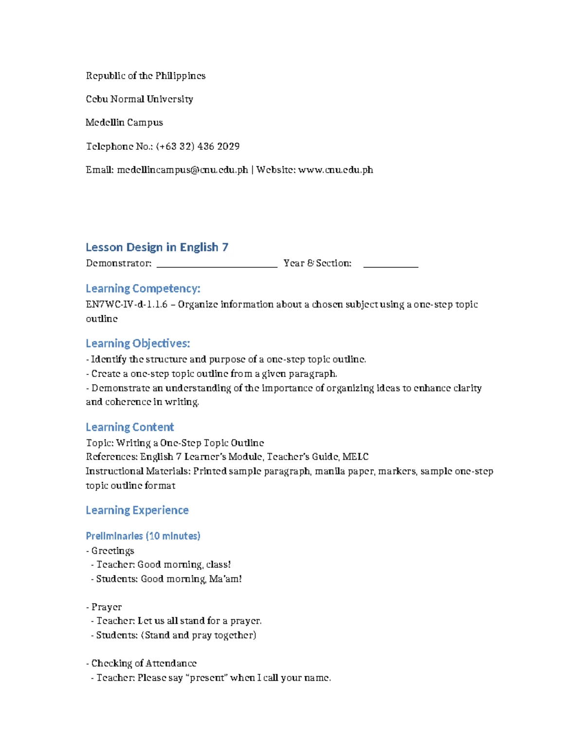 Grade 7 Lesson Plan: Organizing Info with Topic Outline - Studocu