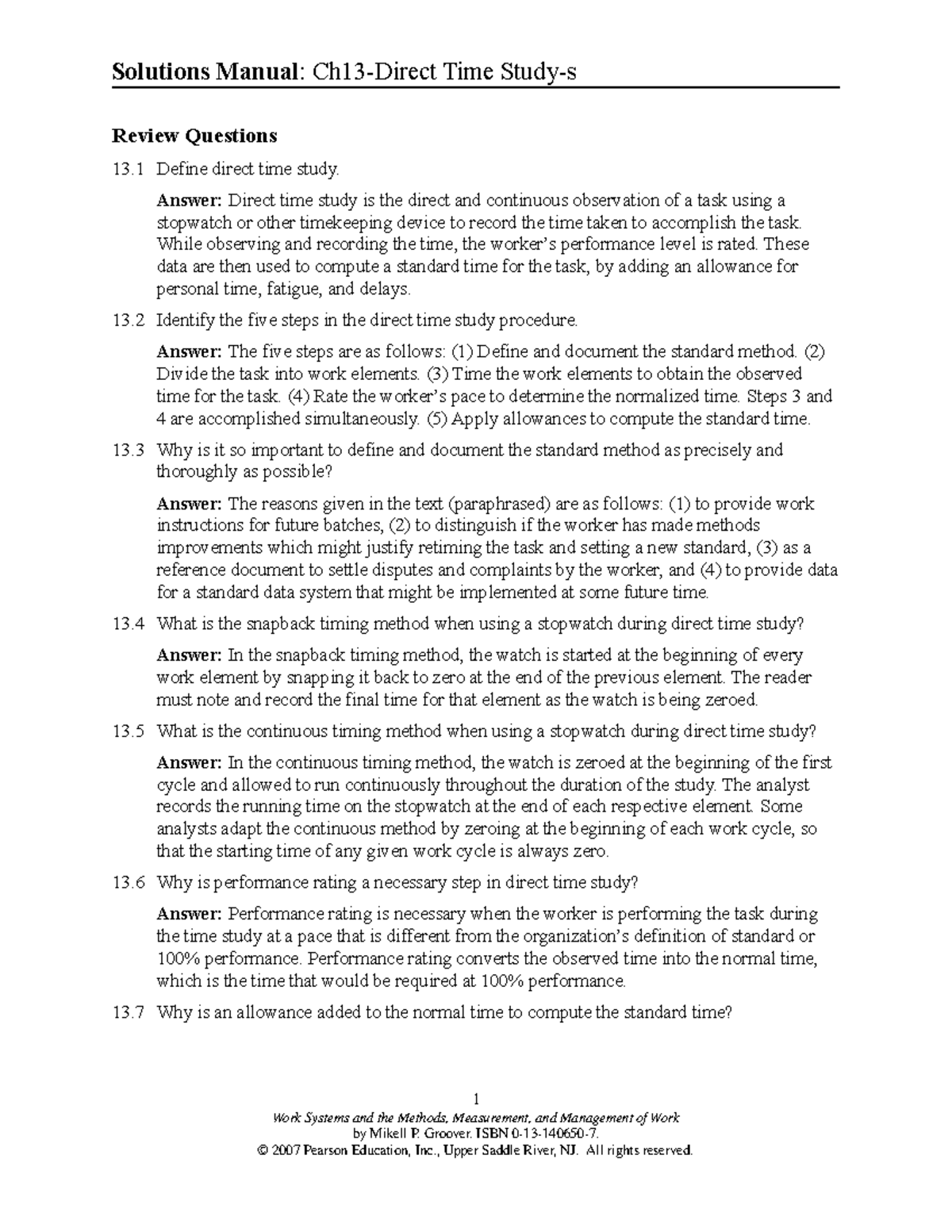 Solutions Manual: Direct Time Study Concepts and Procedures (Course ...
