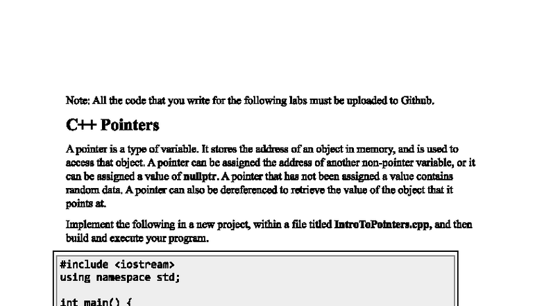 C++ Pointers and Dynamic Memory Allocation - Lab Notes (CS101) - Studocu
