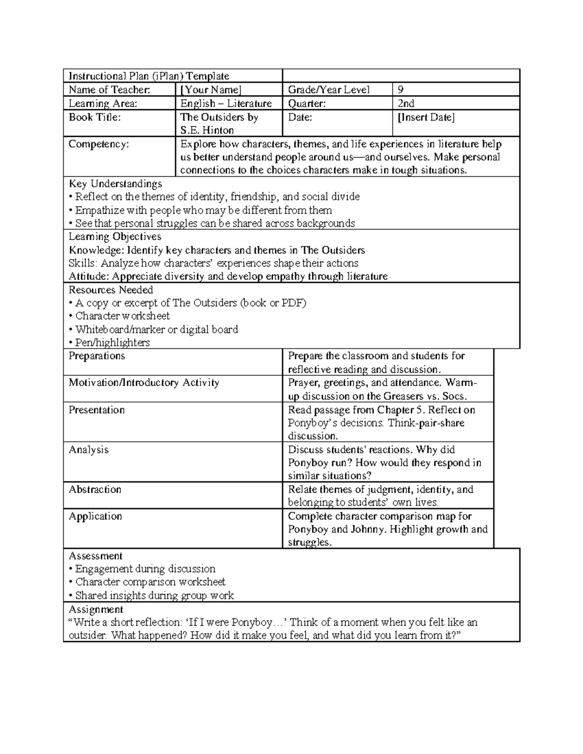 The Outsiders i Plan Matching Borders - Instructional Plan (iPlan ...