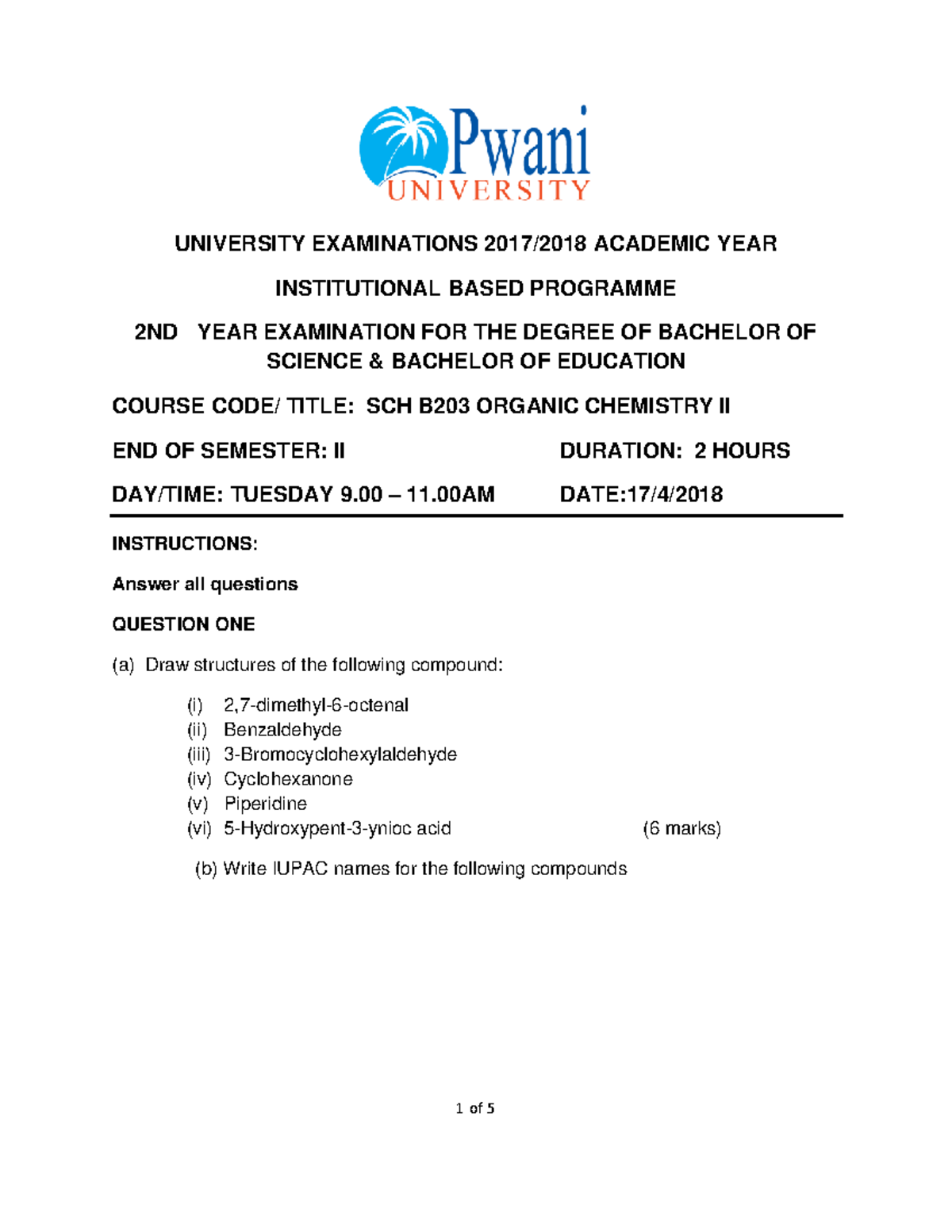 SCH B203 Organic Chemistry II Final Exam - 2nd Year Examination - Studocu