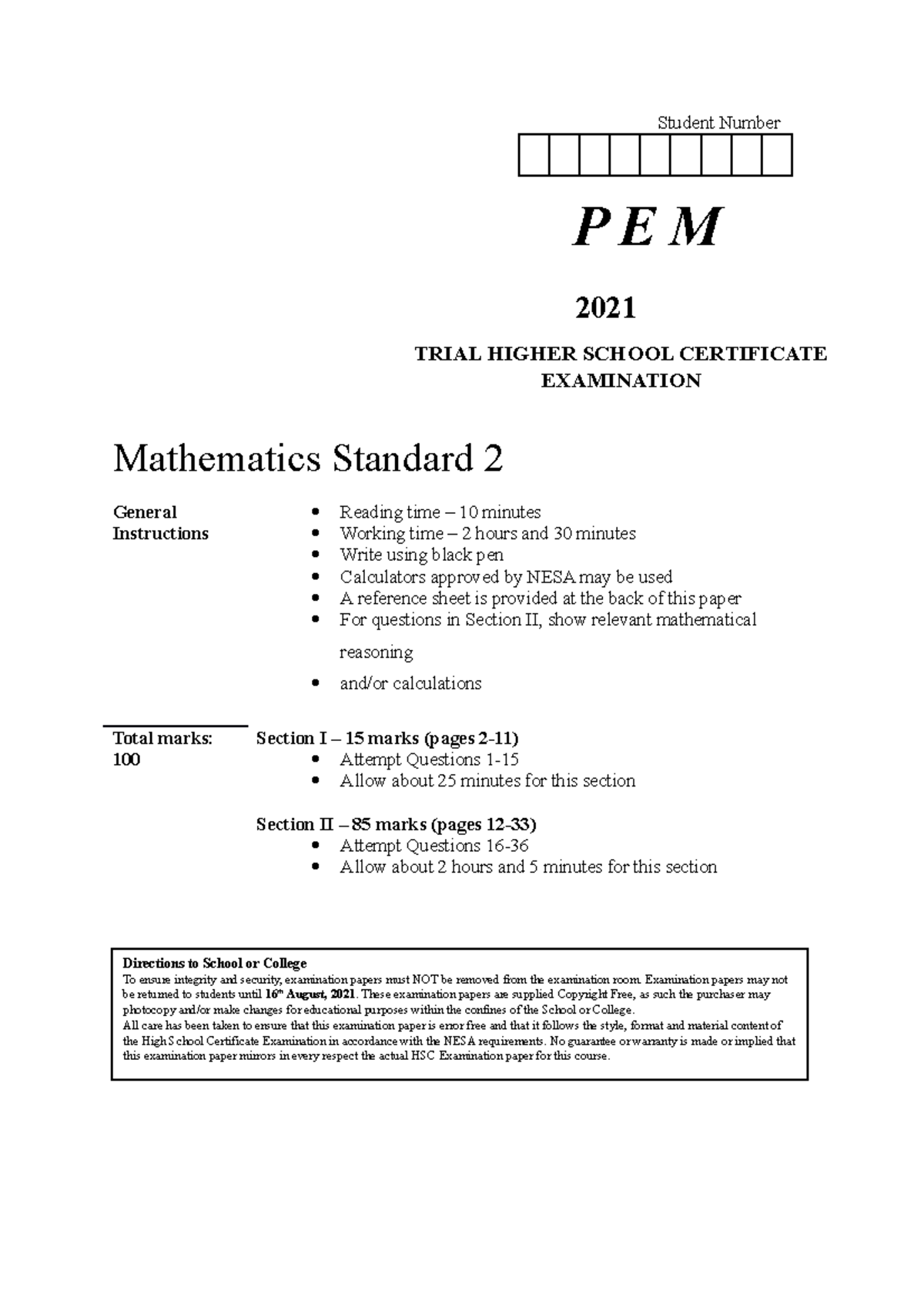 PEM 2021 Mathematics Standard 2 Trial HSC Examination paper - Student ...