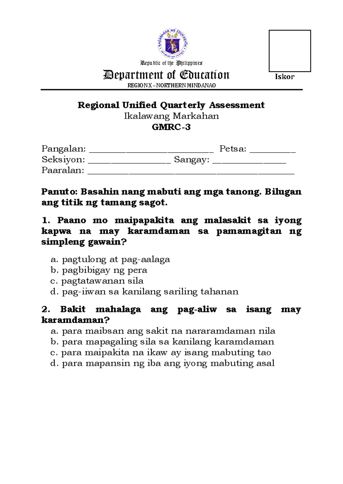 Grade 3 - GMRC 2Q Final Assessment Questions and Answers - Studocu
