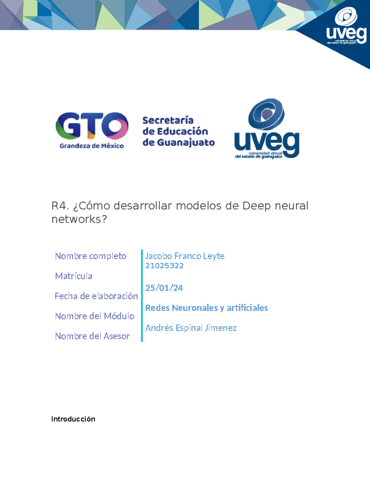 Modelos de Deep Learning: Implementación y Conceptos Clave - R4 U2 - Studocu