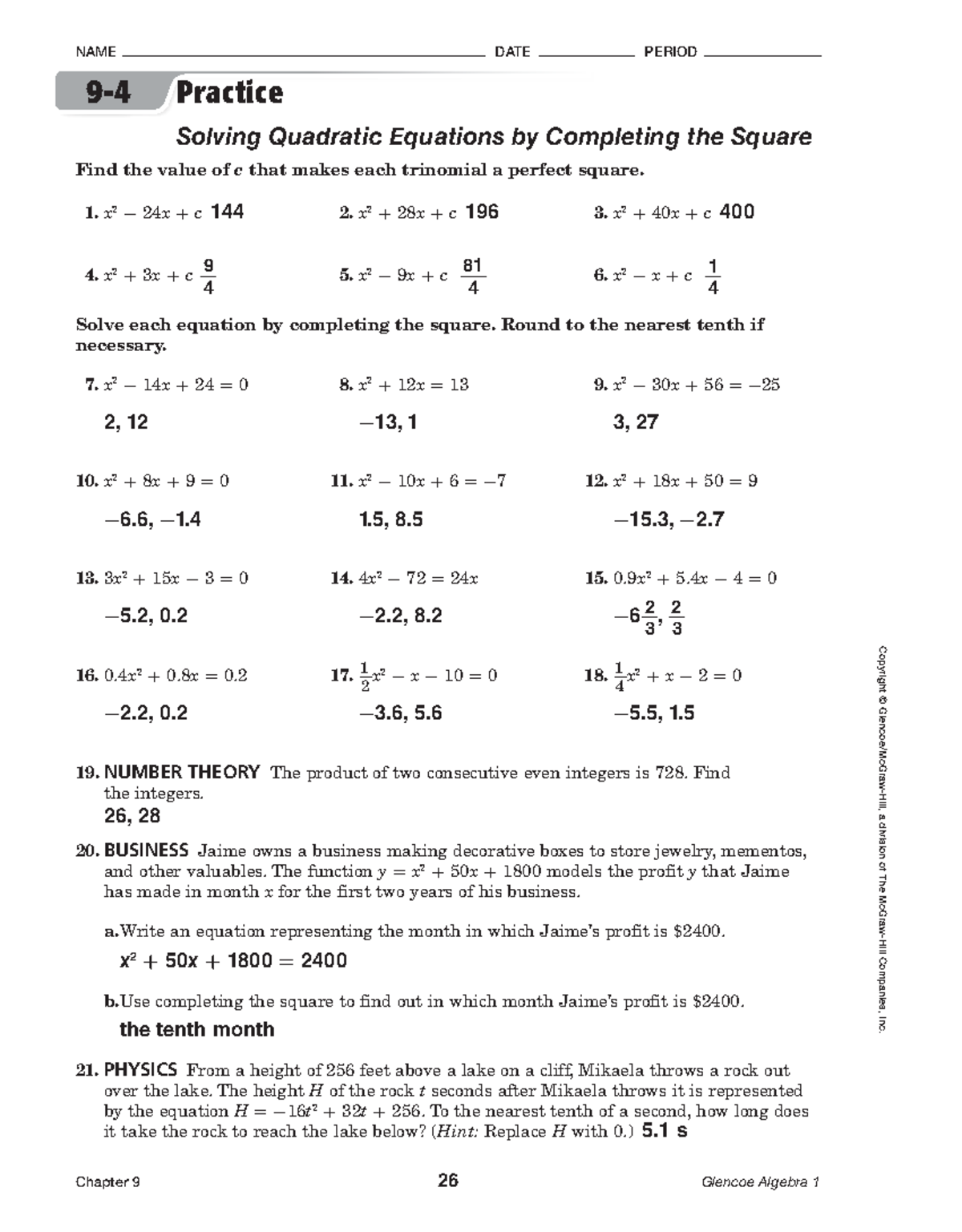 Algebra 1 (Chapter 9) Practice Answers: Solving Quadratic Equations ...