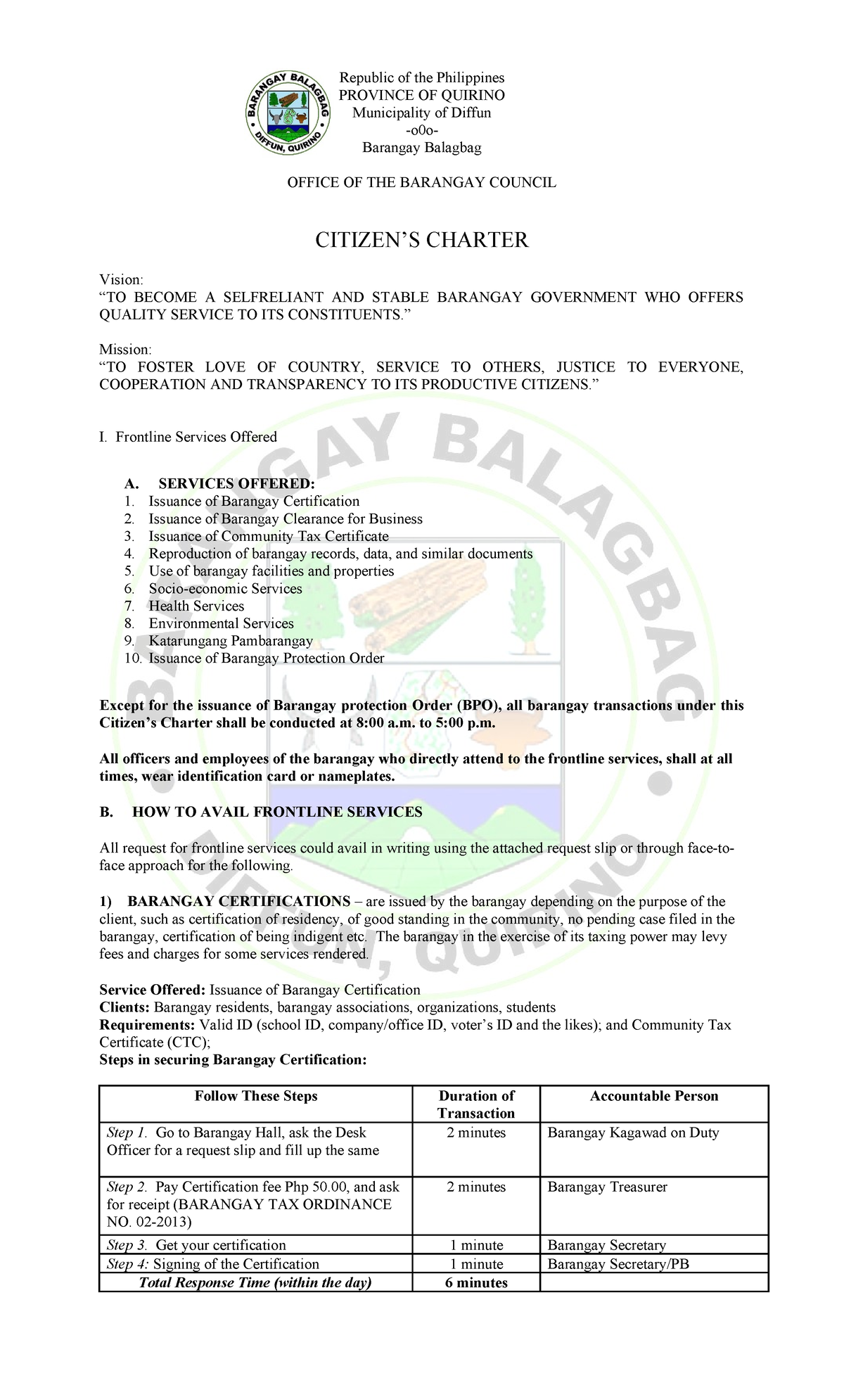 Citizen's Charter: Frontline Services and Procedures for Barangays ...