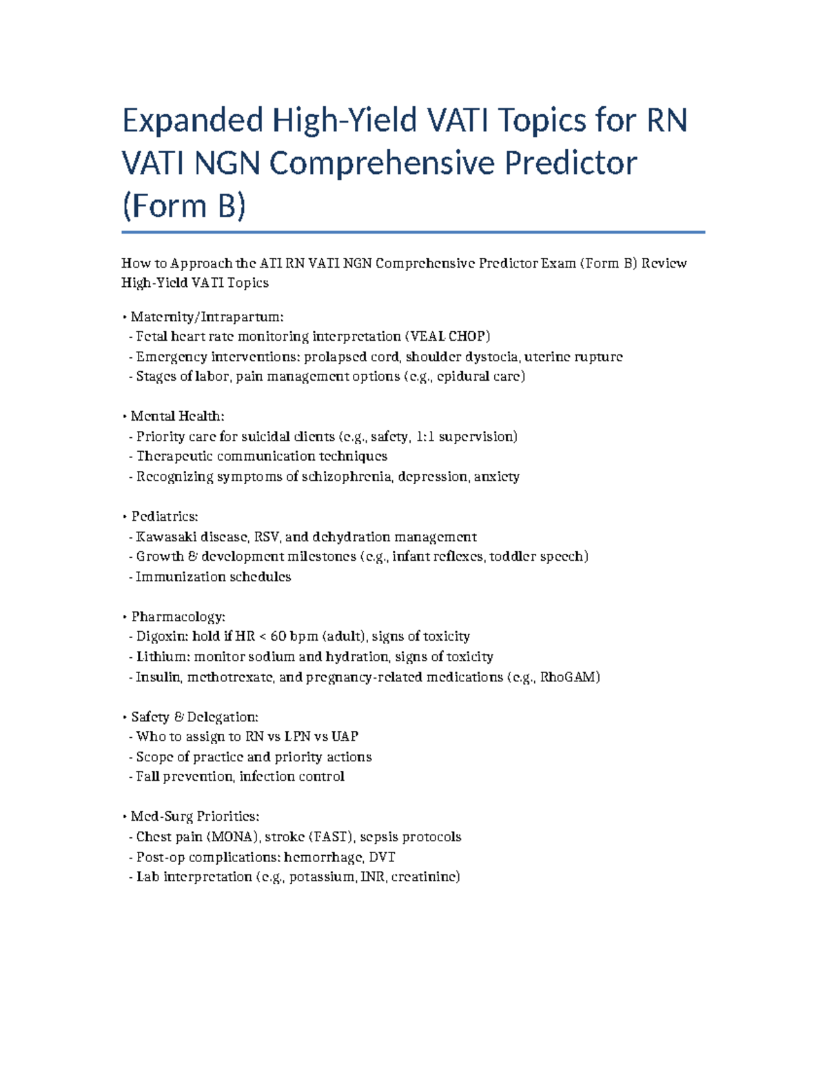VATI RN NGN Comprehensive Predictor Exam High Yield Topics - Studocu