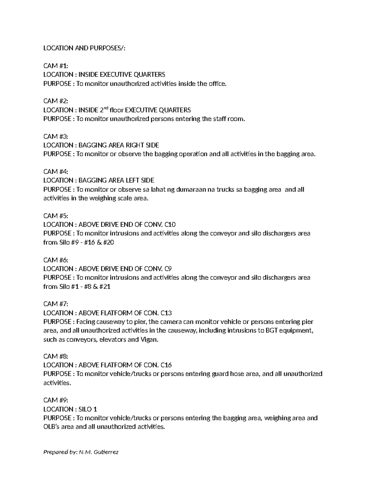 CCTV Purpose - sample cctv - LOCATION AND PURPOSES/: CAM #1: LOCATION ...