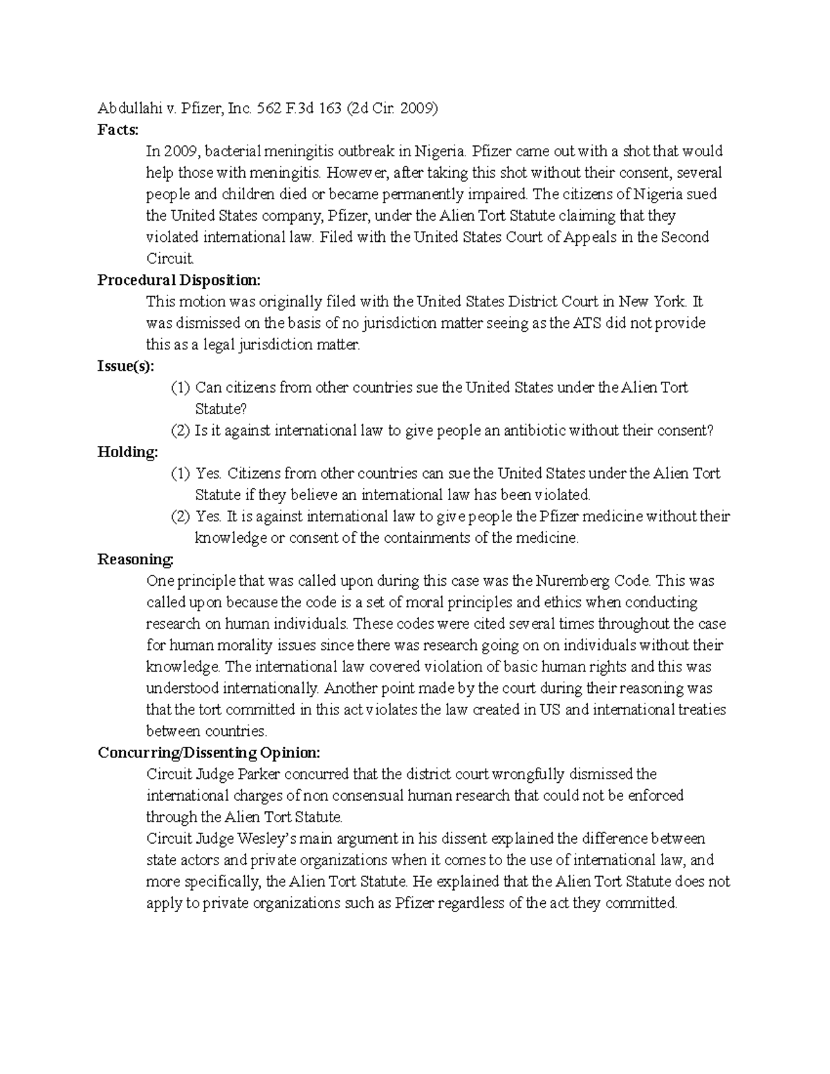 Abdullahi v. Pfizer, Inc. - Case Brief Analysis on ATS Violations - Studocu