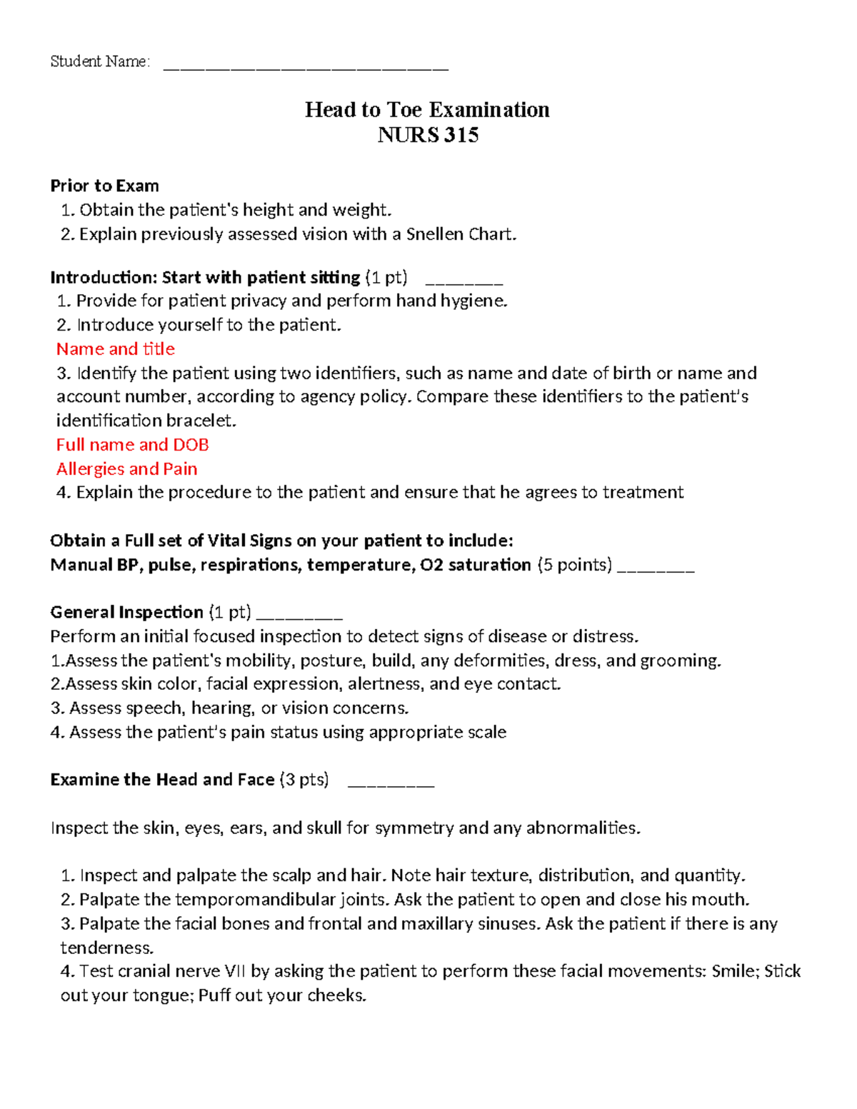 Head to Toe Examination Guide for NURS 315 - Exam 1 Prep - Studocu