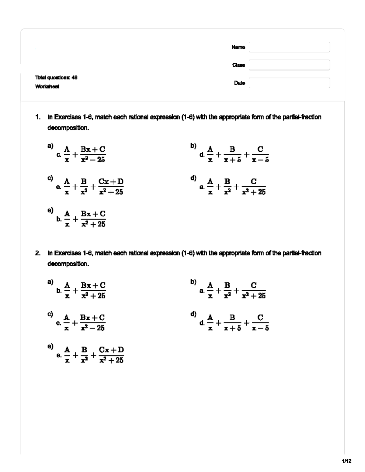 Grade 11 Math Midterm 2 Worksheet: Rational Expressions & Inequalities ...