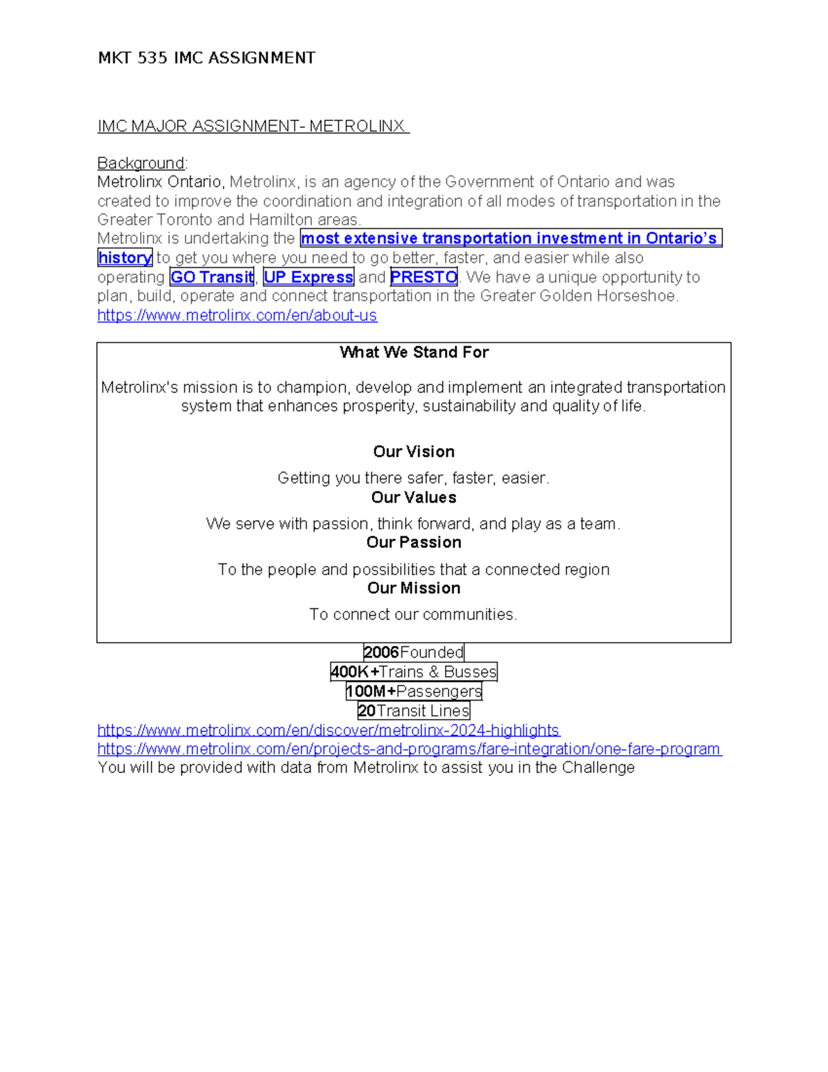 MKT 535 IMC Major Assignment: Metrolinx Integrated Campaign Strategy ...