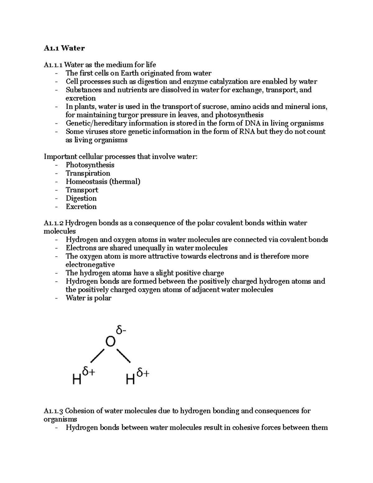 IB Biology HL A1.1 Water as a Medium for Life and Cellular Processes ...