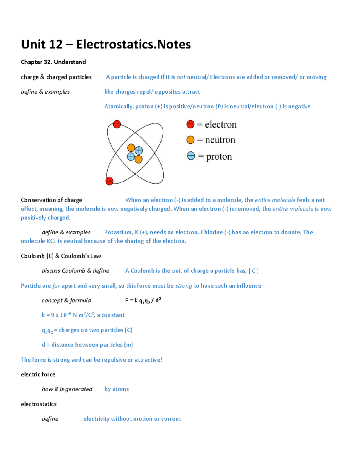 018657075 - Electrostatics Concepts and Principles Overview - Studocu