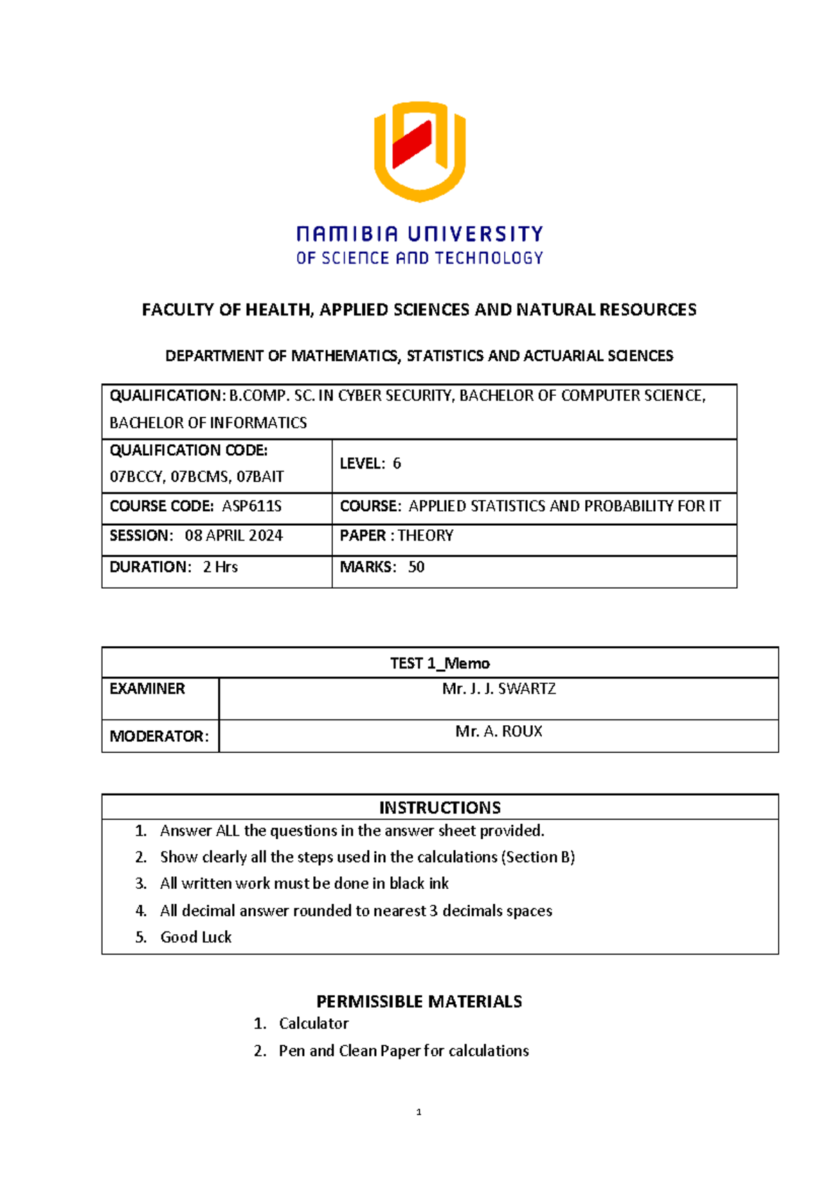 ASP611S Applied Statistics and Probability Test 1 Memo - Studocu