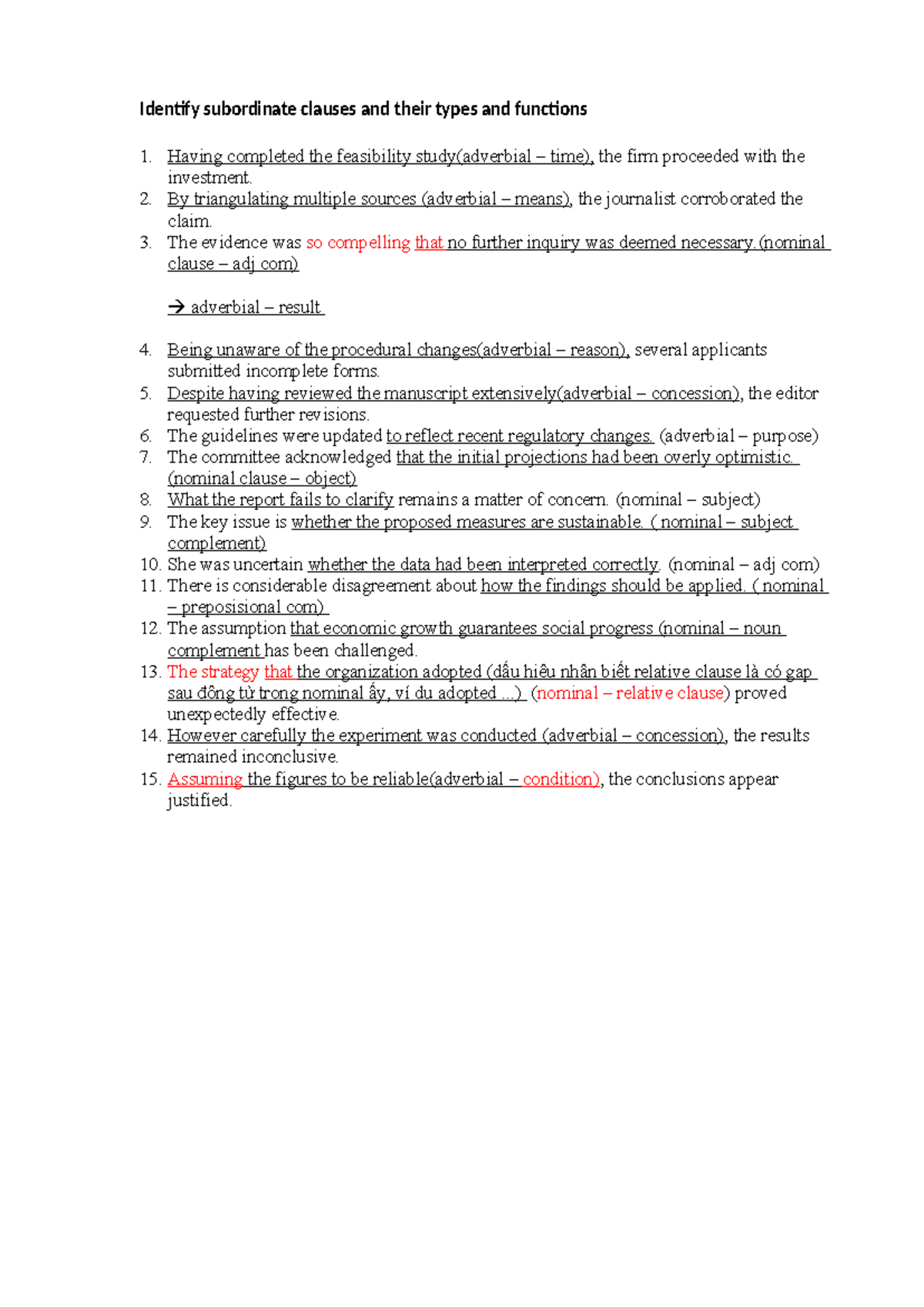 Subordinate Clauses: Types and Functions Analysis - Studocu