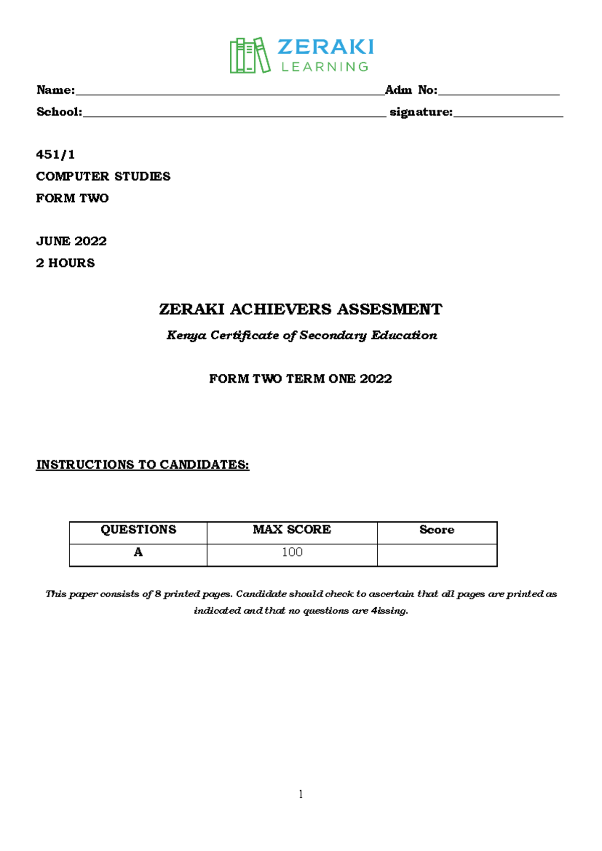Computer Studies Form 2 - QP 052353 June 2022 Assessment Paper - Studocu