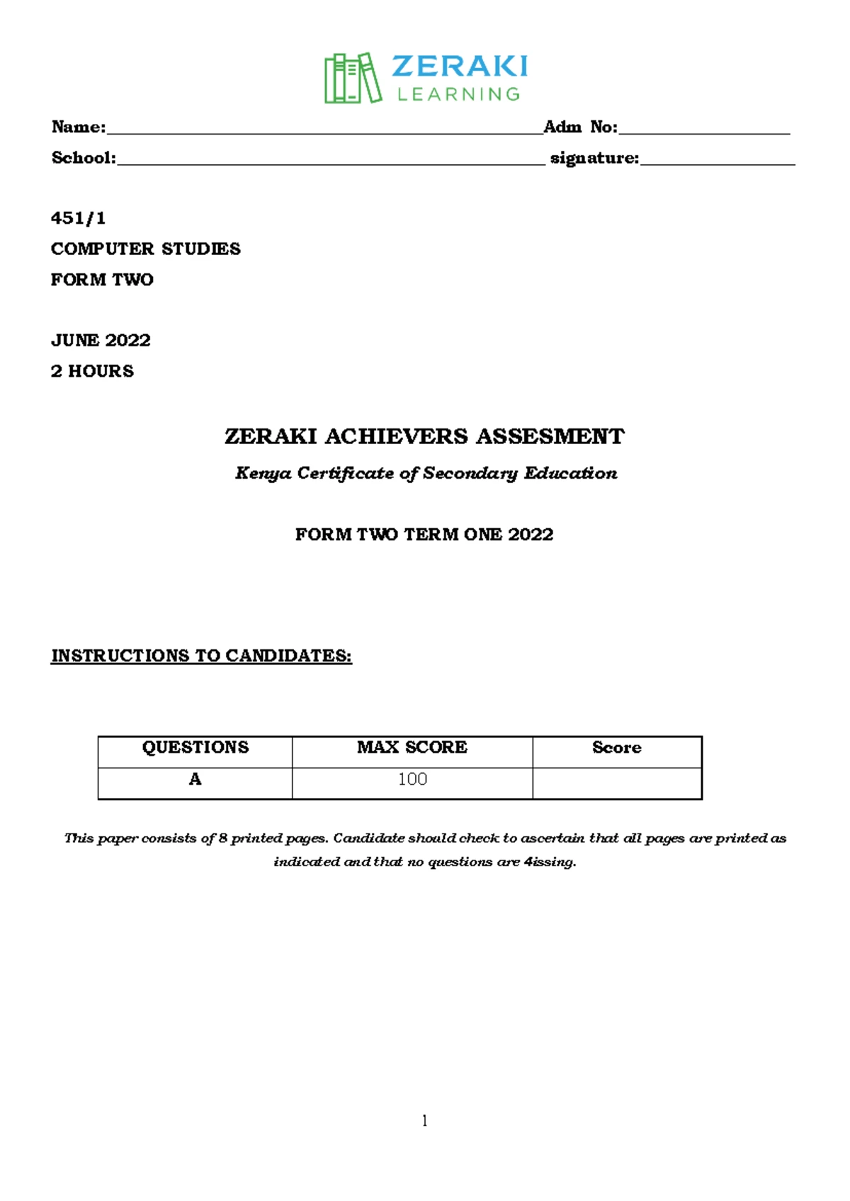 Computer Studies Form 3 - Final Exam Question Paper Code 052434 - Studocu
