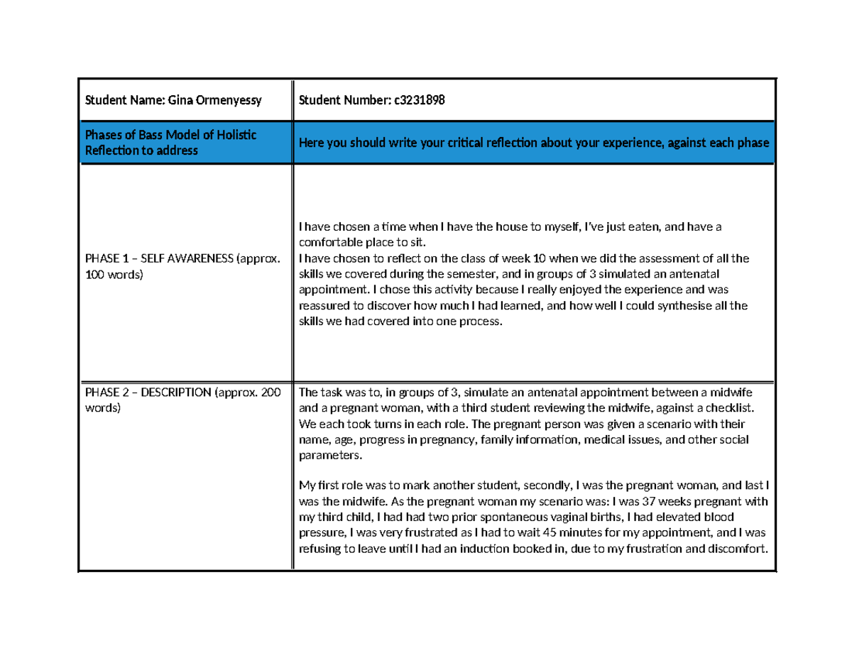 Reflection on Holistic Bass Model in Midwifery 1101 - Studocu