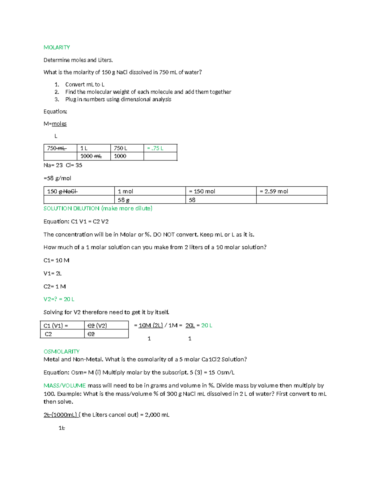EXAM 2 Notes - Practice questions - MOLARITY Determine moles and Liters ...