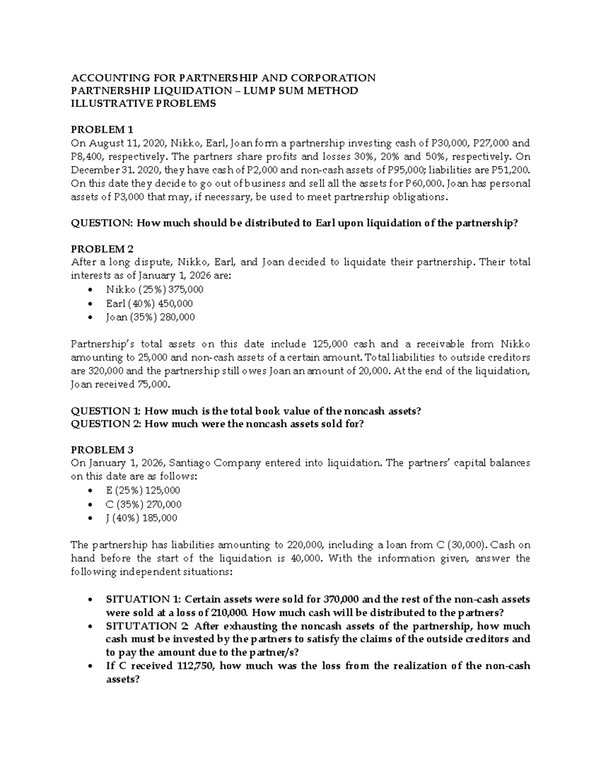 ACCOUNTING 101: Partnership Liquidation - Lump Sum Method Problems - Studocu