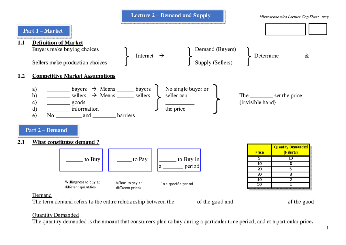 Lecture 2 Gap Sheet - Definition of Market Buyers make buying choices ...